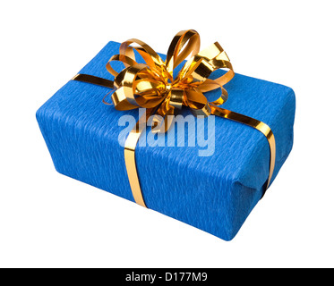 Christmas gift box tied with blue ribbon with bow with green Christmas ...