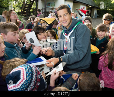 Chief Scout BEAR GRYLLS meeting welsh girl and boy scouts at a camp in ...