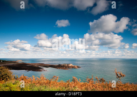 A view over Longis Bay and Fort Raz on Alderney, Channel Islands Stock ...