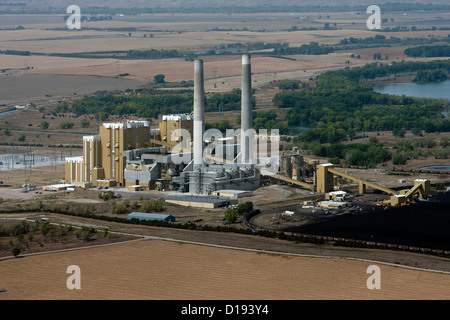 aerial view above coal fired electrical power plant Mississippi River ...