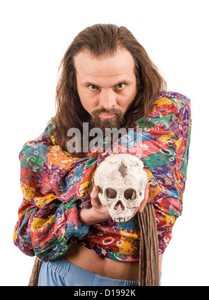 Male skull with beard, head hair, part of upper skull missing, creepy ...