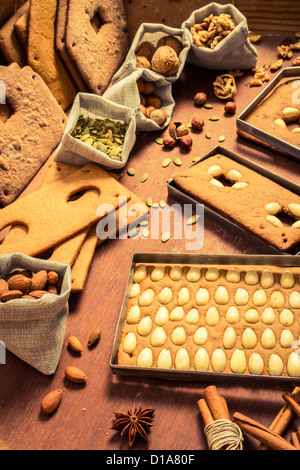 Closeup of gingerbread nuts for Christmas baked in wooden box Stock ...