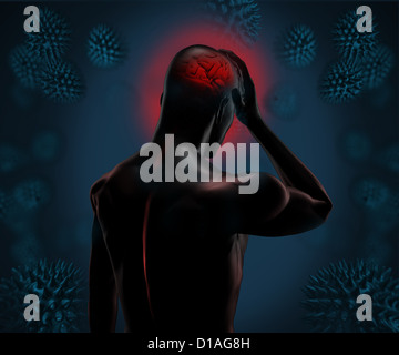 Strong digital figure having a headache against a digital background ...