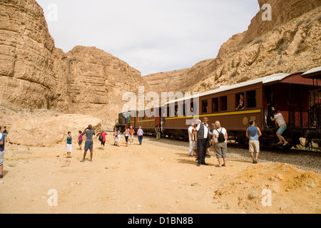 View of the Red Lizard train stopped in the Seldja Gorge from Metlaoui ...