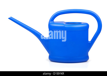 Blue color plastic watering can, isolated on white Stock Photo - Alamy