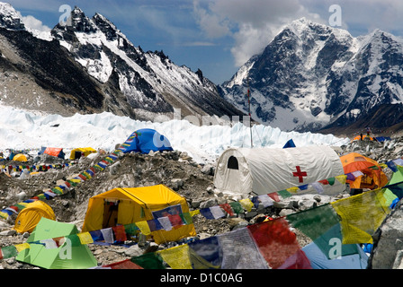 Nepal, Mount Everest. The tents of mountaineers are scattered along the ...