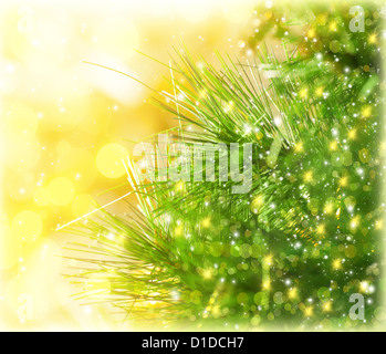 Border with christmas decorations on fir tree and gift boxes on wooden ...