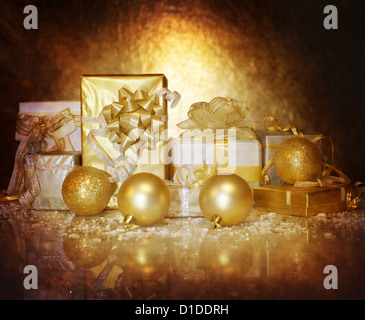 Christmas background with decorations and gift boxes on wooden board ...