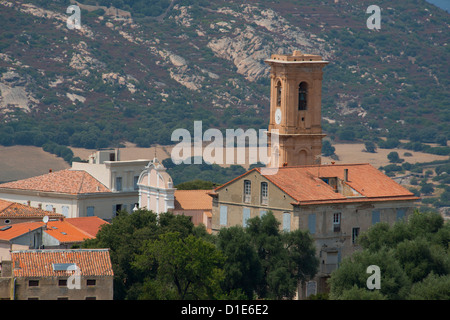 An elevated view of the picturesque village of Aregno in the inland ...