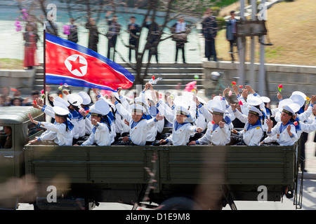 PYONGYANG, North Korea - North Korean flags fly in front of the Tower ...
