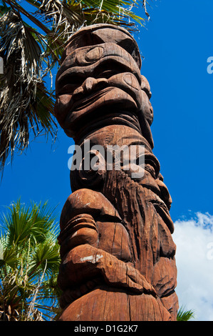 A close-up view of carved wooden beaters used to make kapa (or tapa ...