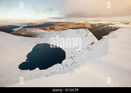 Helvellyn mountain peak and Red Tarn corrie lake, Lake District ...