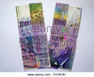 1000 or one thousand Swiss Franc bank note, Switzerland Stock Photo ...