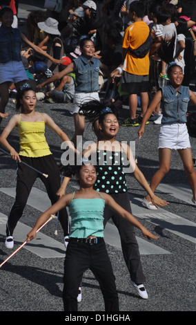 Naha, Okinawa, Japan, majorettes along Kokusai-dori during the Naha ...