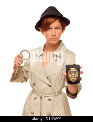 Female Detective With Official Badge In Trenchcoat Isolated on a White ...