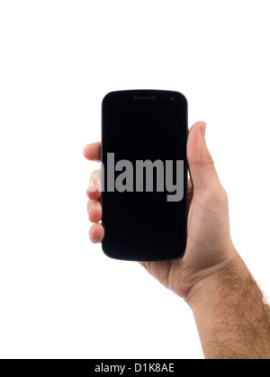 Man's hand holding a smartphone blank isolated on a white background ...