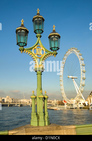 The London Eye and ornate lamppost Southbank London, England, UK Stock ...