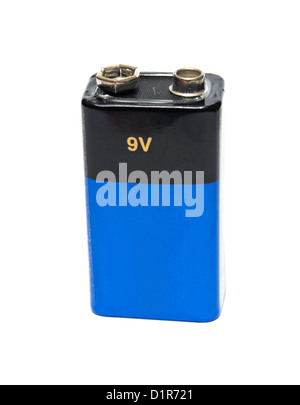 a blue 9 volt battery isolated on a white background. Power supply ...
