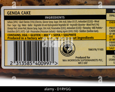 Food Label on Genoa Cake showing Ingredients Nutrition Values Storage ...