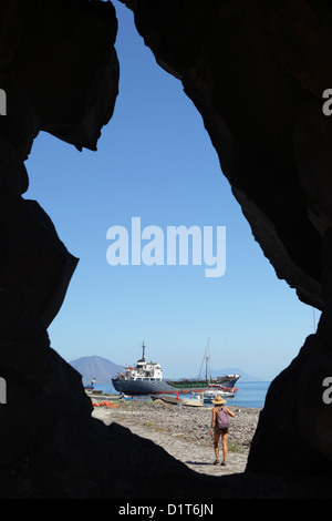 Sicily - Aeolian Islands - Island Alicudi, tourists at the summit of ...