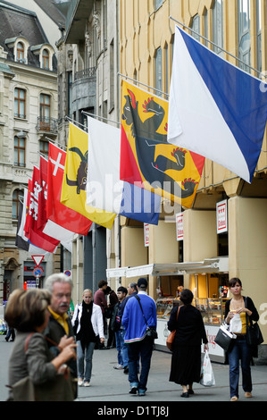 Flags of Basel-City canton and Switzerland painted on cracked wall ...