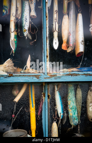Hooks and lures in a fishing shack window, Menemsha, Chilmark, Martha's ...