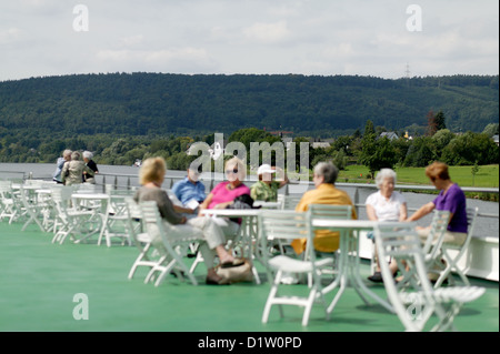 Ruwer, Germany, older Passengers on the upper deck of a ship on a ...