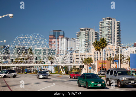 traffic on Shoreline Drive and the skyline in Long Beach, Los Angeles ...