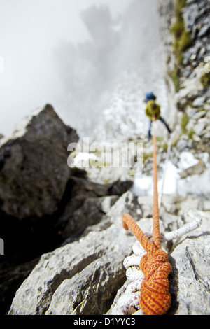 Climber abseiling, Schilthorn, Bernese Oberland, Canton of Bern ...