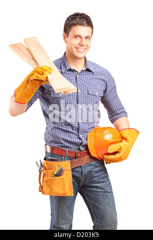 A smiling male carpenter holding sills isolated on white background ...