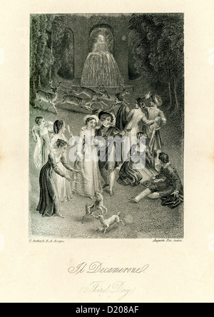 Engraving showing the Tenth day of the Decameron. The Decameron is a ...