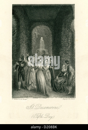 Engraving showing the Tenth day of the Decameron. The Decameron is a ...