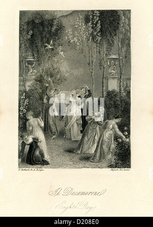 Engraving showing the Tenth day of the Decameron. The Decameron is a ...