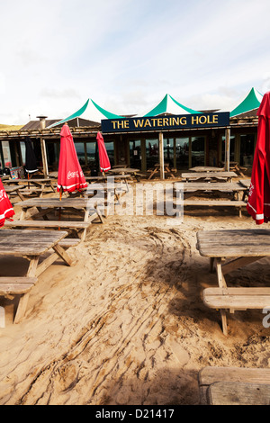 Perranporth, Cornwall, England the tables at The Watering Hole Bar, Pub ...