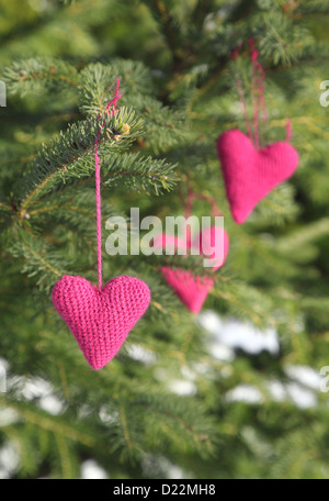 Knitted love heart on tree branch covered with snow in winter forest ...