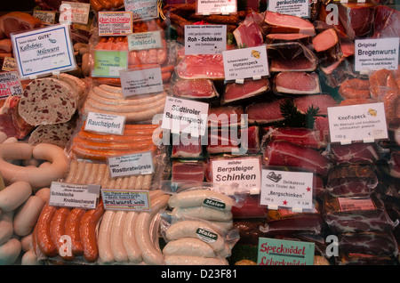 Meat display in German butcher shop, Viktualienmarkt, Munich, Upper ...