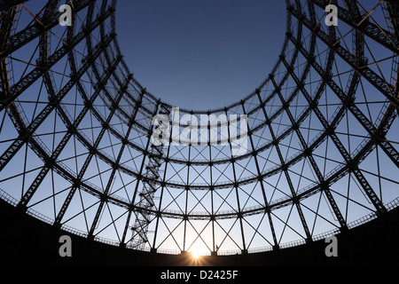 Berlin, Germany, the silhouette of the Gasometer Schoeneberg at dusk ...