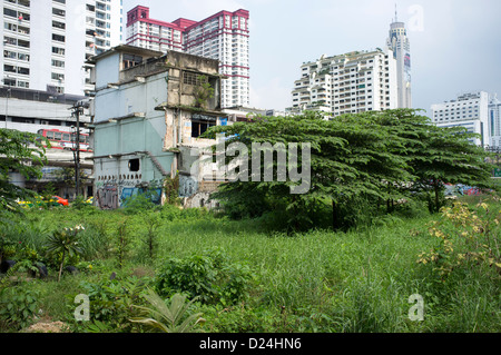 Open space or vacant overgrown lots amongst office building in downtown ...