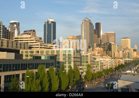 Seattle, Washington, USA downtown skyline and highways through the ...