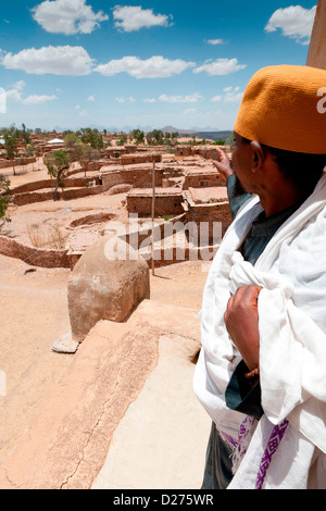Debre Damo mountain cliff top monastery beyond desert road in early ...