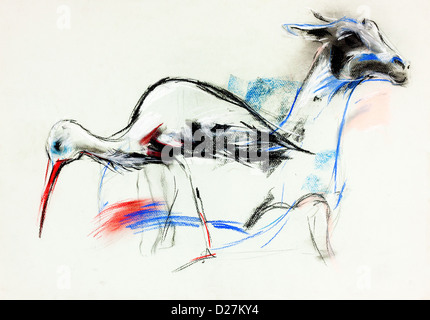 Hand drawn illustration of white stork. Vintage sketch of animal in the ...