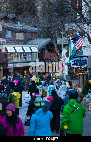 Vail, Colorado ski resort town village with blue sky and tower closeup ...