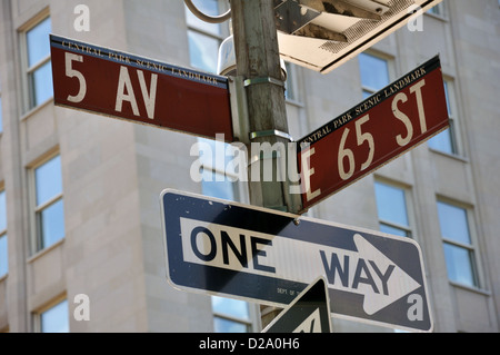 5th Avenue sign, One Way sign, E49 st sign, Traffic lights, New York ...
