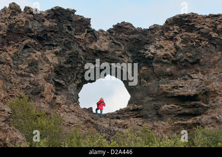 Volcanic rock formations from lava tubes at Dimmuborgir on Lake Myvatn ...