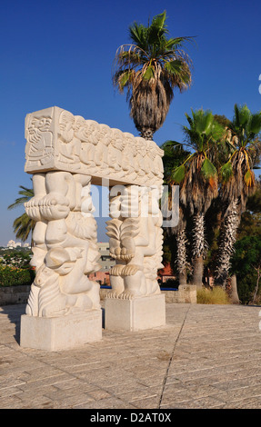 Statue of Faith at the Abrasha Park, Jaffa, Israel. The panel on the ...