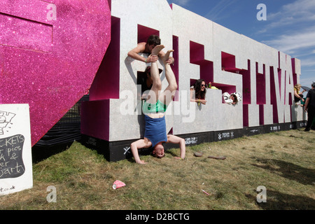 the bestival sign with crowds at bestival festival, isle of white, uk ...