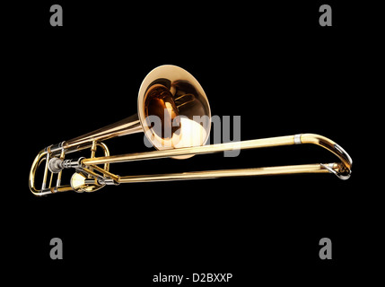Brass slide trombone, wind instrument, on a black background Stock ...