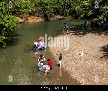 Tourist at fish massage spa Tagal Sungai Moroli Kampung Luanti Kota ...