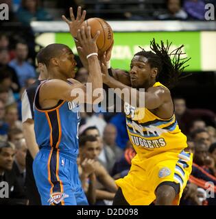 Denver Nuggets' Russell Westbrook, right, talks with Oklahoma City ...