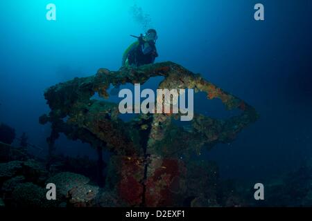Divers on the Wreck Kyokuzan Maru Japanese freighter, sunk in 1944 ...
